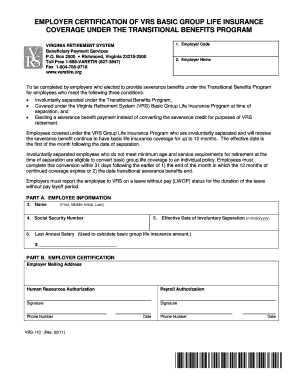 Fillable Online varetire Employer Certification of VRS Group Life ...
