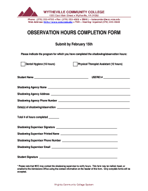 Fillable Online wcc vccs OBSERVATION HOURS COMPLETION FORM - wccvccsedu ...