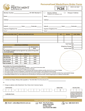 Fillable Online Personalised Medallions Order Form PC04Y OFFICE USE ...