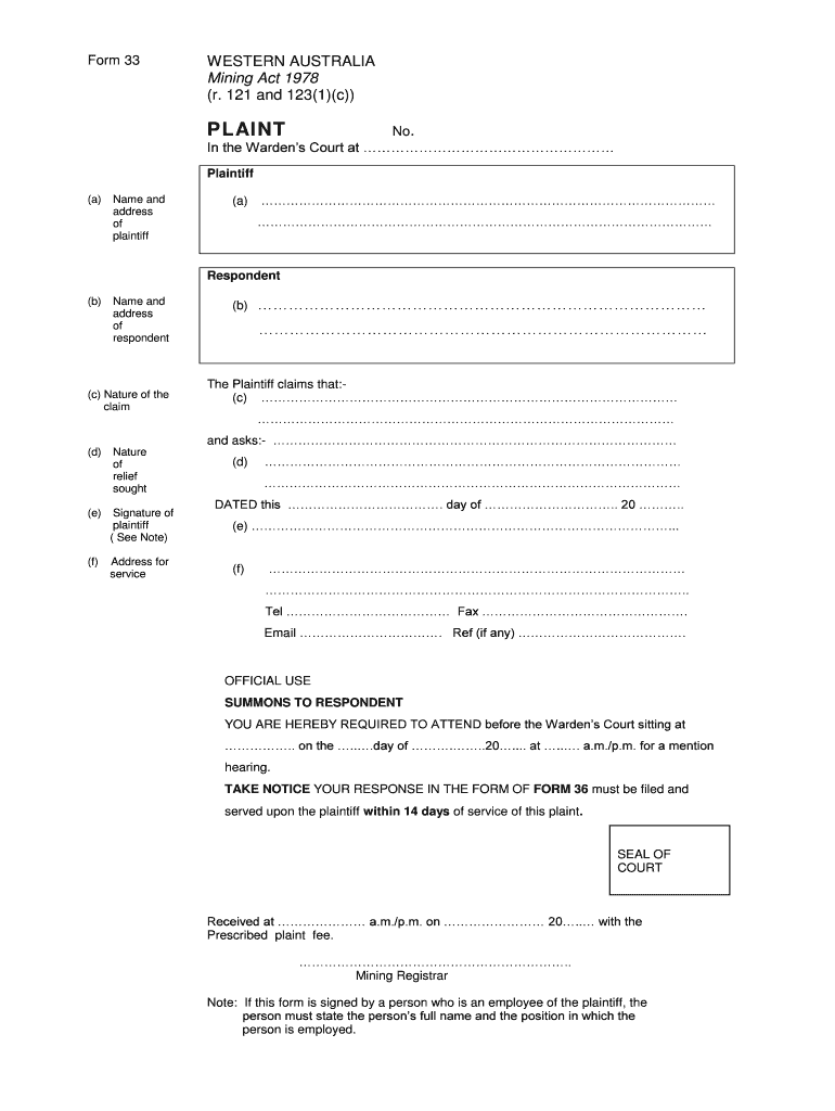 Fillable Online dmp wa gov PLAINT No In the Wardens Court at ...
