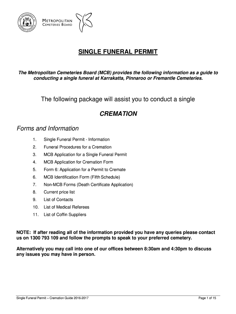 Fillable Online mcb wa gov SINGLE FUNERAL PERMIT - mcbwagovau Fax Email ...