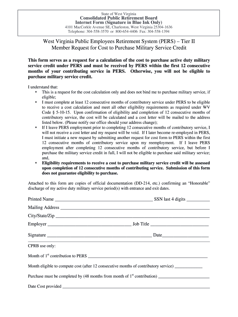 Fillable Online PERS Tier II request to purchase military service ...