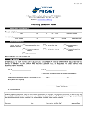 Fillable Online wvminesafety Voluntary Surrender Form - wvminesafetyorg ...