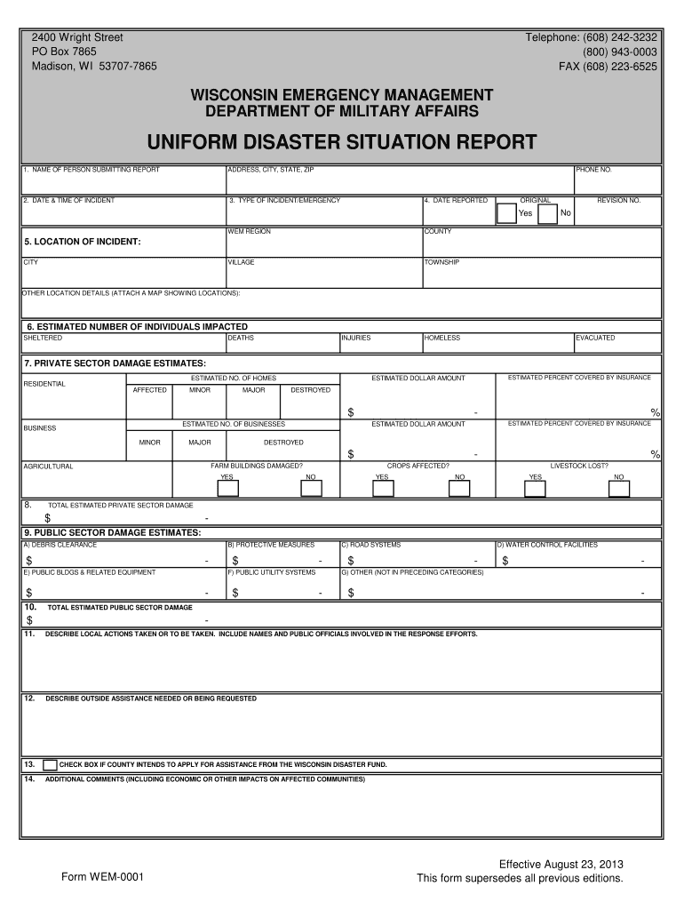 Fillable Online emergencymanagement wi UNIFORM DISASTER SITUATION ...