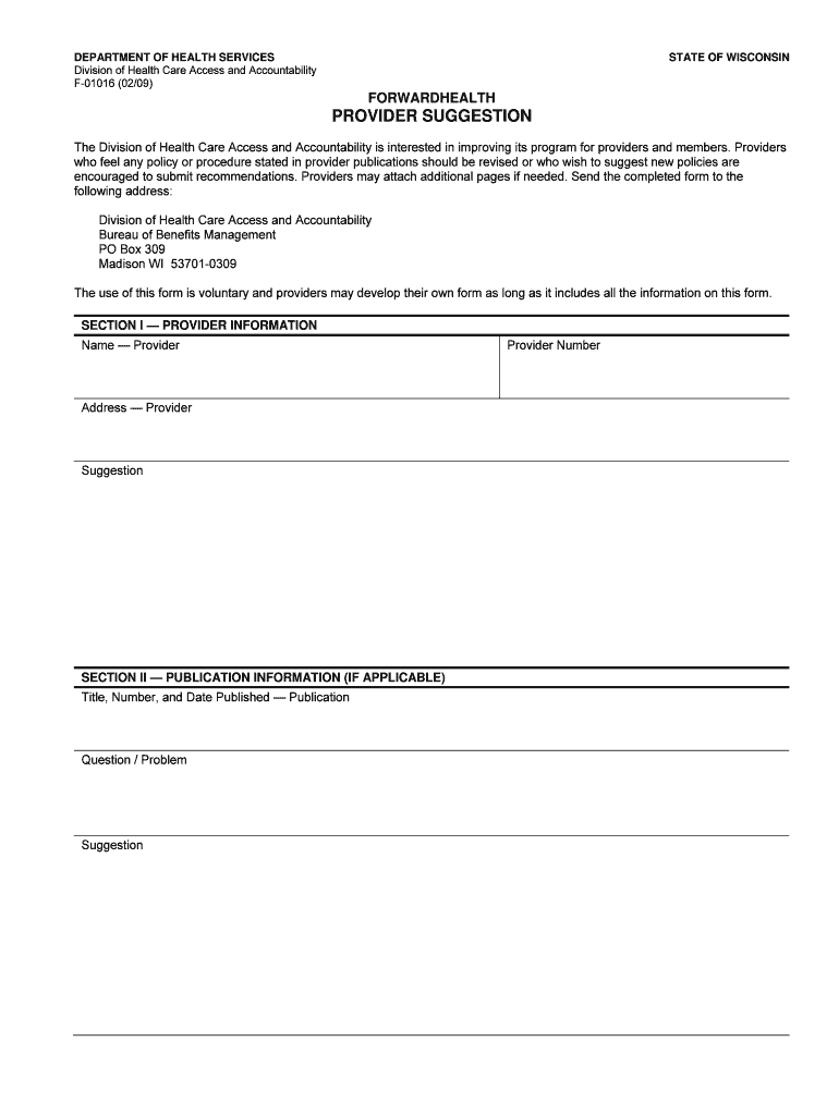 Fillable Online dhs wisconsin ForwardHealth Provider Suggestion F-1016 ...