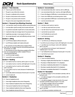 Fillable Online Neck Questionnaire Patient Name Section 1 - Pain Fax ...