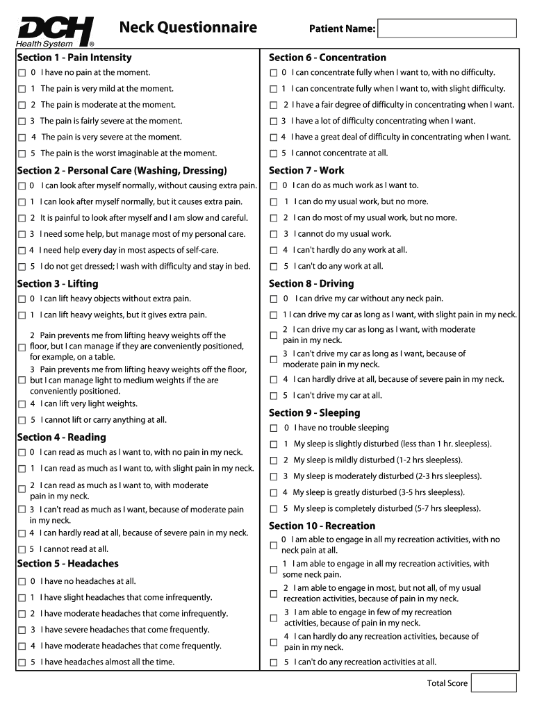 Fillable Online Neck Questionnaire Patient Name Section 1 - Pain Fax ...