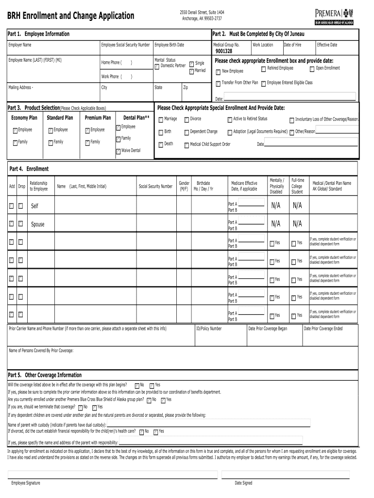 Fillable Online bartletthospital BRH Enrollment and Change Application ...