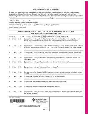 Fillable Online Anesthesia Questionnaire Patient Surgery Information ...