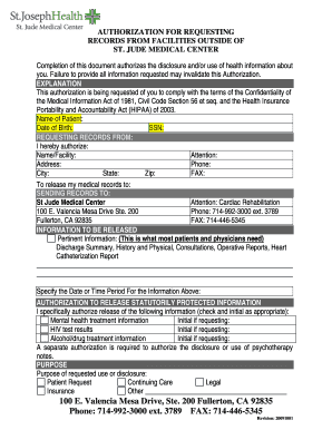 Fillable Online stjudemedicalcenter AUTHORIZATION FOR REQUESTING ...