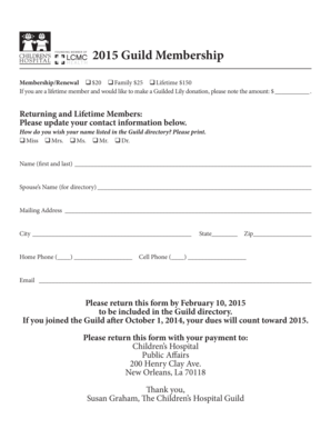 Fillable Online FOUNDING MEMBER OF 2015 Guild Membership - CHNOLA Fax ...