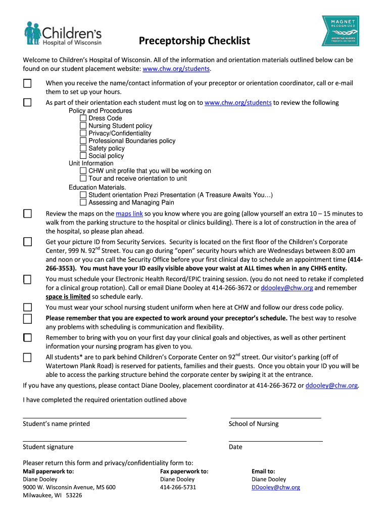Fillable Online chw Preceptorship Checklist - Childrens Hospital of ...