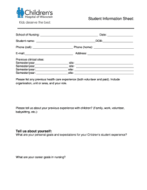 Fillable Online chw Student Information Sheet - Childrens Hospital of Wisconsin Fax Email Print ...
