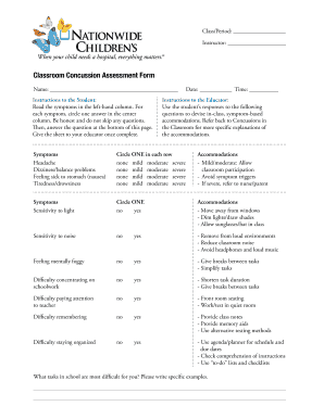Fillable Online nationwidechildrens Classroom Concussion Assessment ...