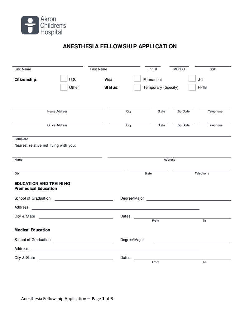 Fillable Online akronchildrens Anesthesia Fellowship Application ...