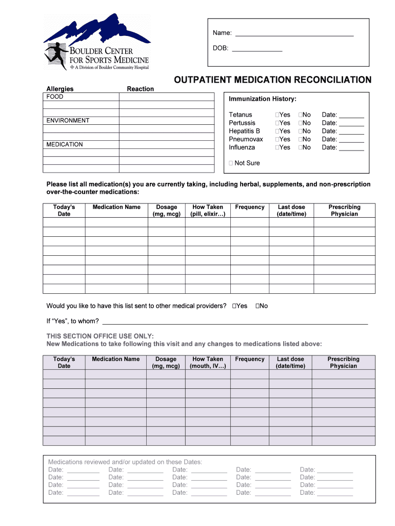 Fillable Online OUTPATIENT MEDICATION RECONCILIATION Fax Email Print ...