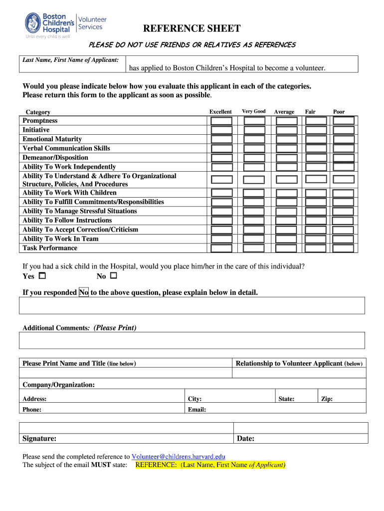 Fillable Online childrenshospital REFERENCE SHEET - Boston Childrens ...
