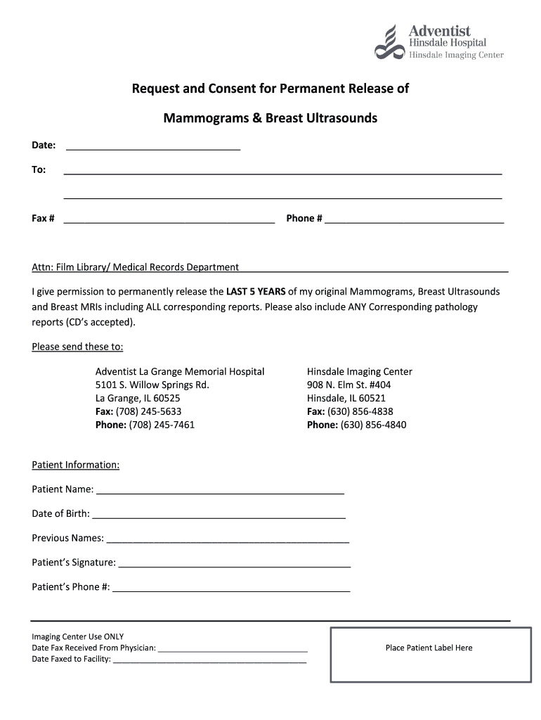 Fillable Online Request and Consent for Permanent Release of Mammograms ...