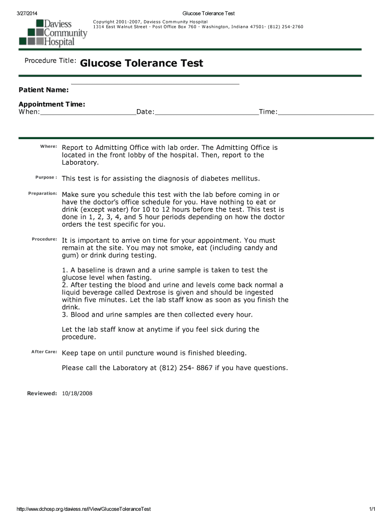 Fillable Online Procedure Title Glucose Tolerance Test - dchosporg Fax ...