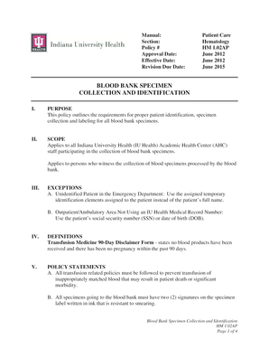 Fillable Online iuhealth HM 102 AP Blood Bank Specimen Collection and ...
