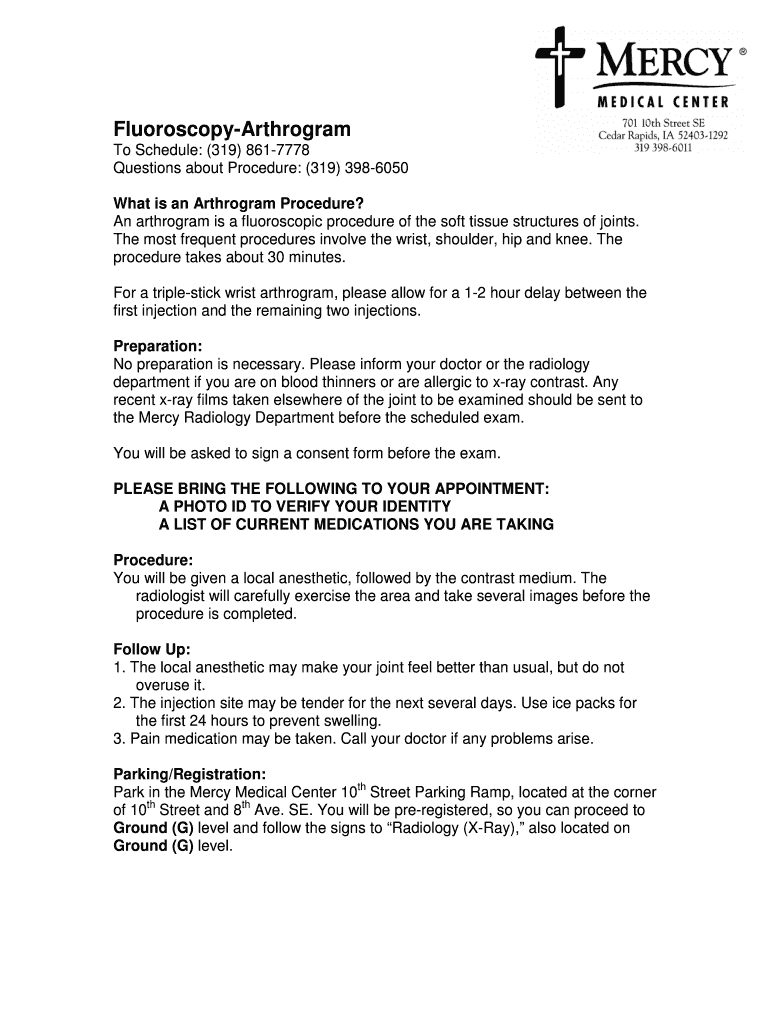 Fillable Online Fluoroscopy-Arthrogram - Mercy Medical Center Fax Email ...