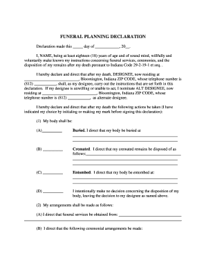 Fillable Online iuhealth FUNERAL PLANNING DECLARATION - IU Health ...
