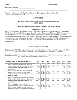 Fillable Online uchospitals Eating Disorder Examination Questionnaire ...