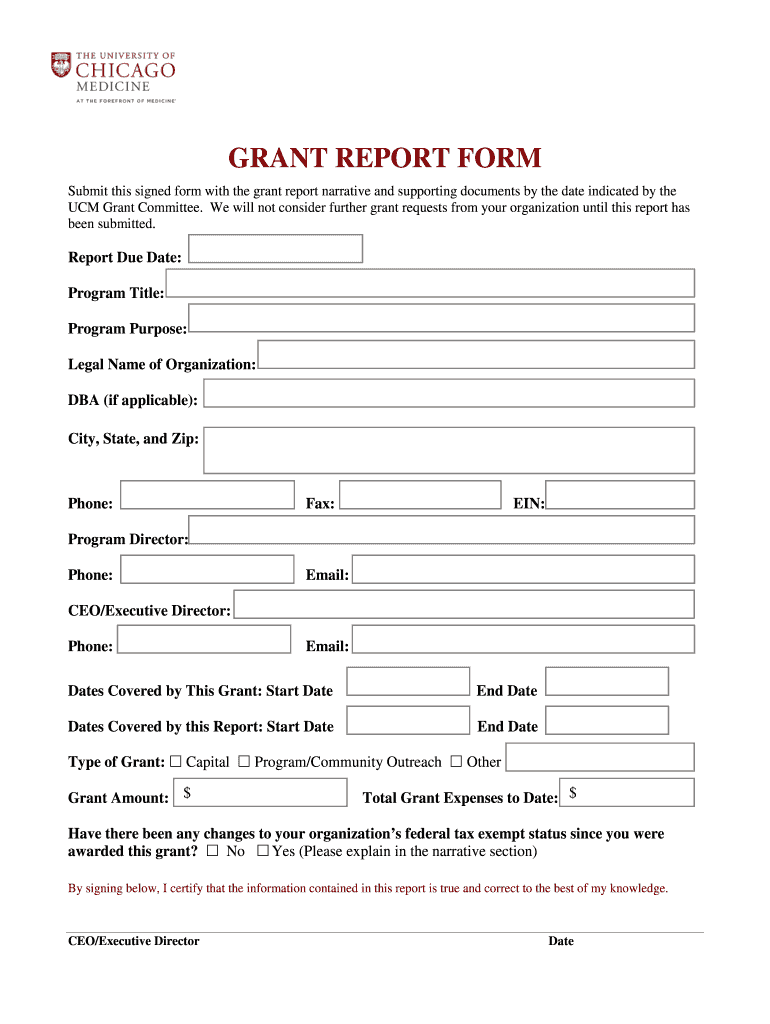 Fillable Online uchospitals GRANT REPORT FORM - University of Chicago ...