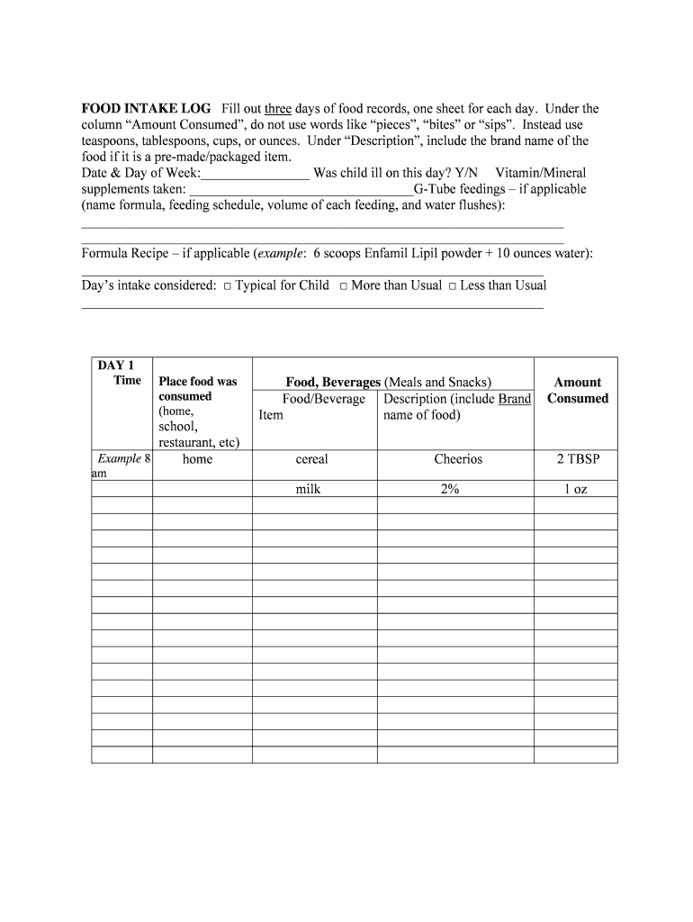 Fillable Online mwph FOOD INTAKE LOG Fill out three days of food ...