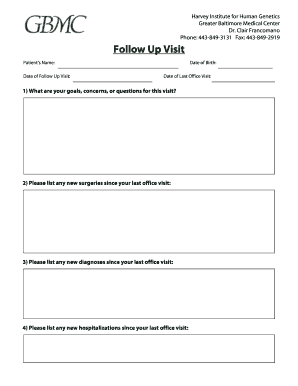 Fillable Online gbmc Follow Up Visit - Baltimore Maryland Fax Email ...