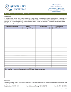 Fillable Online gchosp Medication Name Dose Frequency Comments for ...