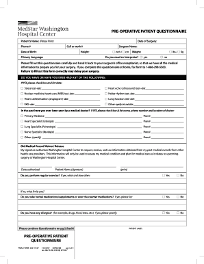 Fillable Online PRE-OPERATIVE PATIENT QUESTIONNAIRE Fax Email Print ...