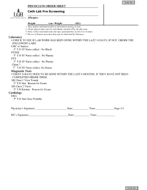 Fillable Online PHYSICIANS ORDER SHEET Cath Lab Pre Screening Fax Email ...