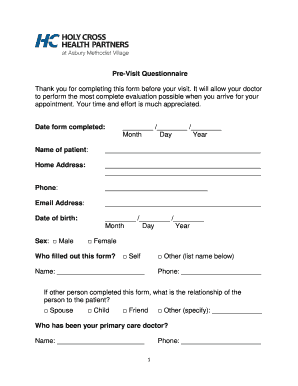 Fillable Online Pre-Visit Questionnaire - Holy Cross Health Fax Email ...