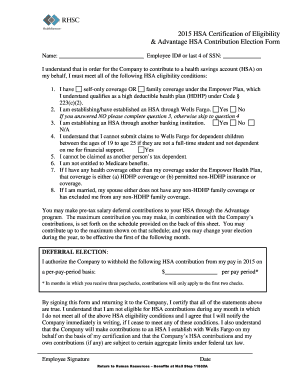 Fillable Online 2015 HSA Certification of Eligibility Advantage HSA Fax ...