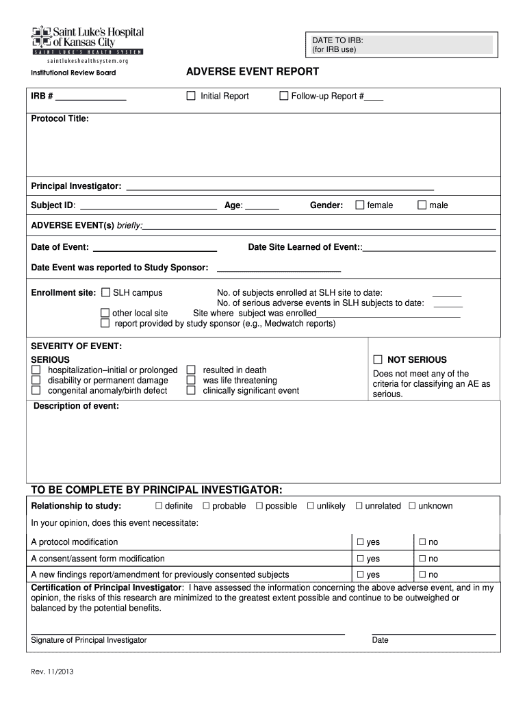 Fillable Online Institutional Review Board ADVERSE EVENT REPORT Fax ...