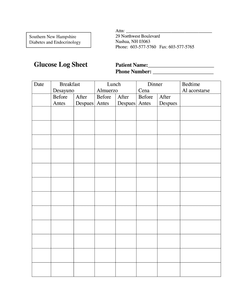 Fillable Online Glucose Log Sheet - Southern New Hampshire Heath System ...