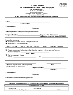 Fillable Online The Valley Hospital User ID Request Form - Non Valley ...