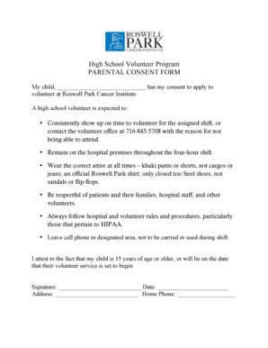 Fillable Online roswellpark High School Volunteer Program PARENTAL ...