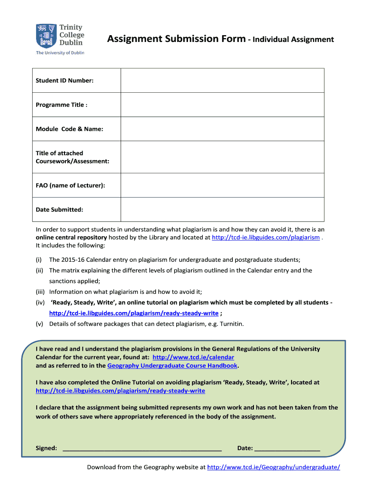 Fillable Online tcd Assignment Submission Form - Individual Assignment ...