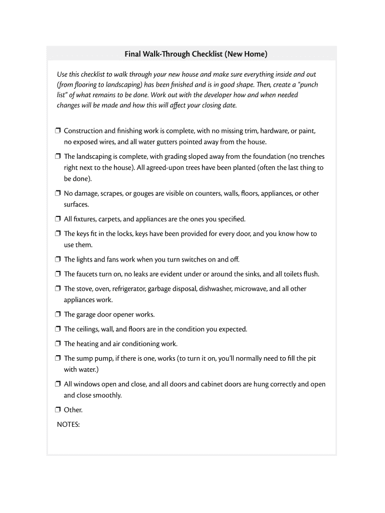 Fillable Online Final Walk-Through Checklist (New Home) Fax Email Print ...
