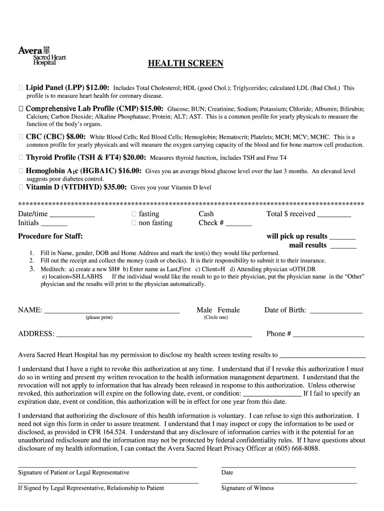 Fillable Online avera HEALTH SCREEN - Avera Health - avera Fax Email Print - pdfFiller