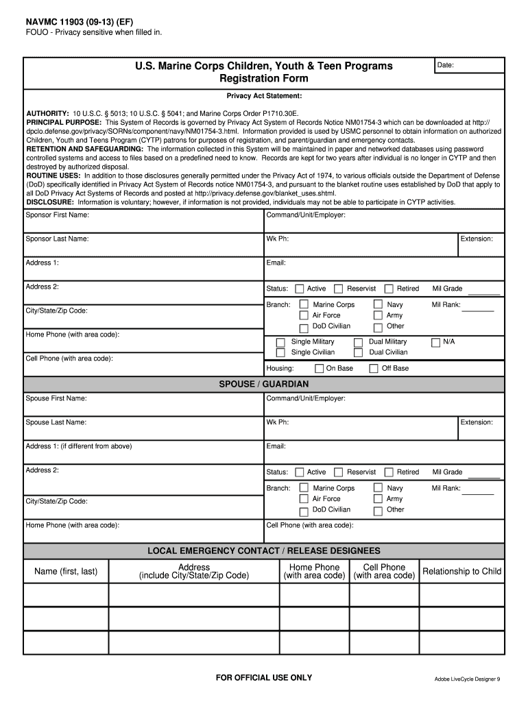 Fillable Online US Marine Corps Children Youth Teen Programs Fax Email ...