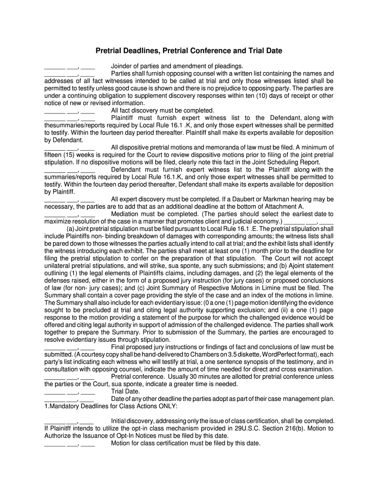 Fillable Online floridabar Pretrial Deadlines Pretrial Conference and ...