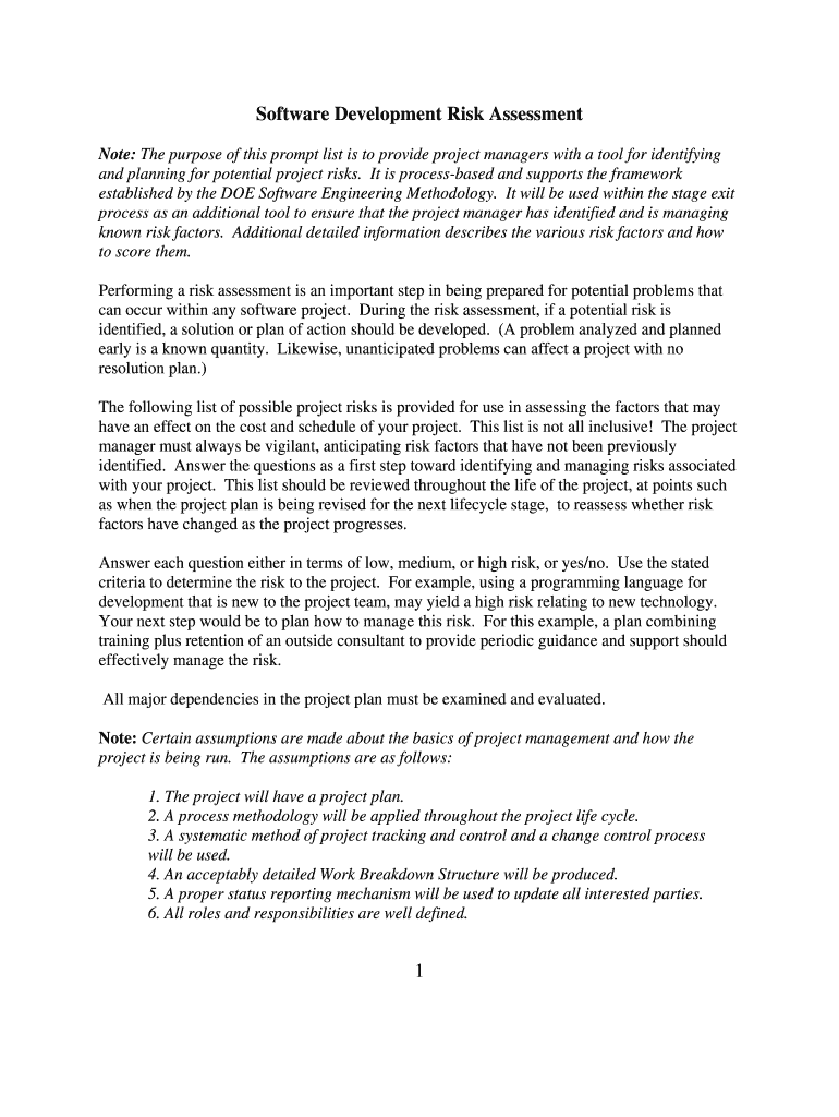 Fillable Online Software Development Risk Assessment Fax Email Print ...