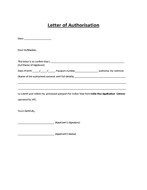 Fillable Online Letter of Authorisation - VFS Global Fax Email Print ...
