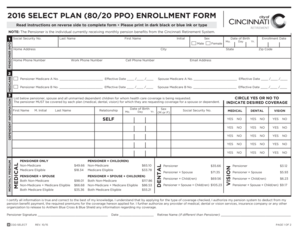 Fillable Online cincinnati-oh 2016 SELECT PLAN 8020 PPO ENROLLMENT FORM ...