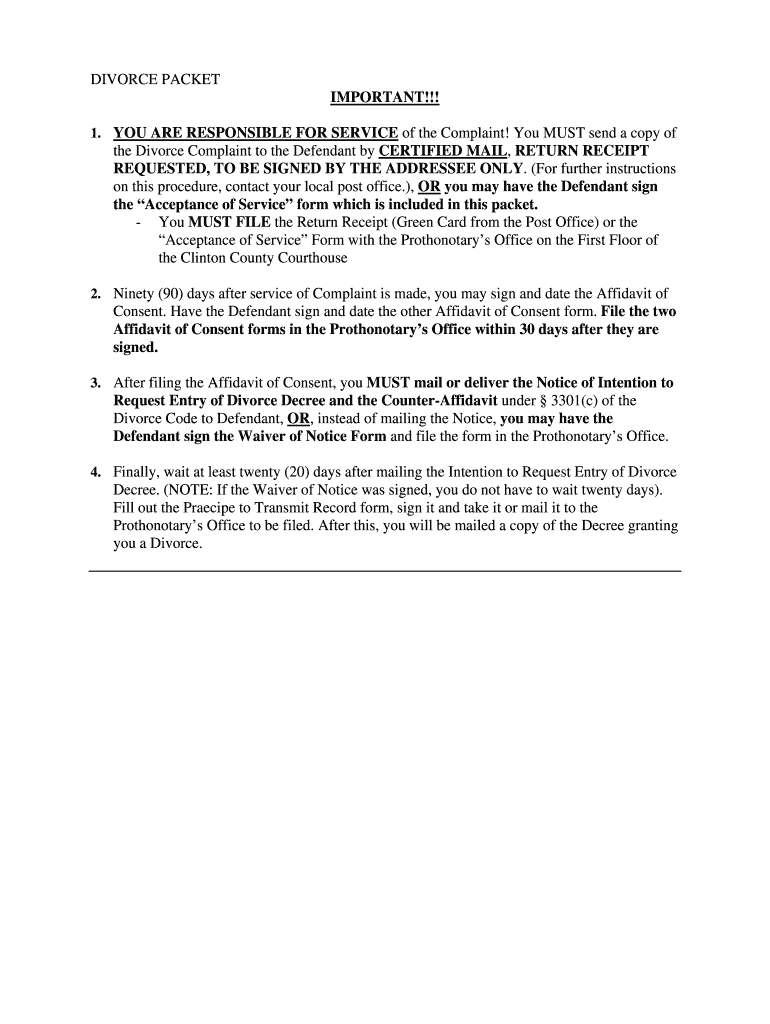 Fillable Online DIVORCE PACKET IMPORTANT YOU ARE RESPONSIBLE FOR ...
