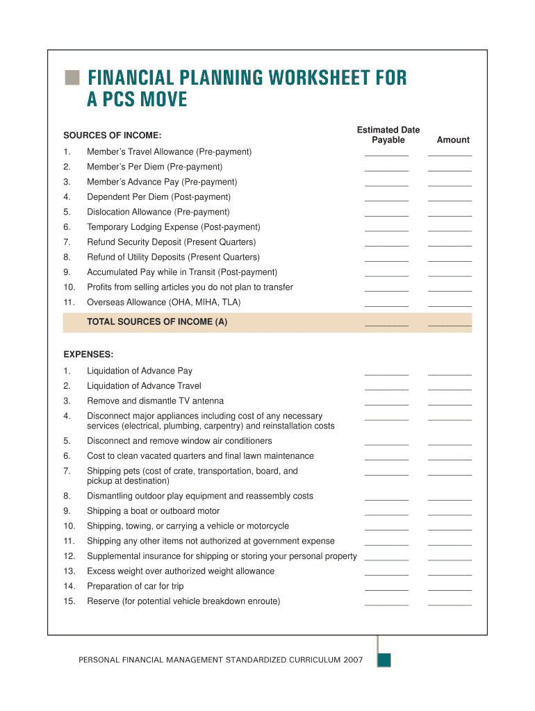 Fillable Online Financial Planning Worksheet for a PCS Move - MCCS ...