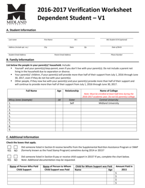 Fillable Online 2016-2017 Verification Worksheet Dependent Student V1 Fax Email Print - pdfFiller